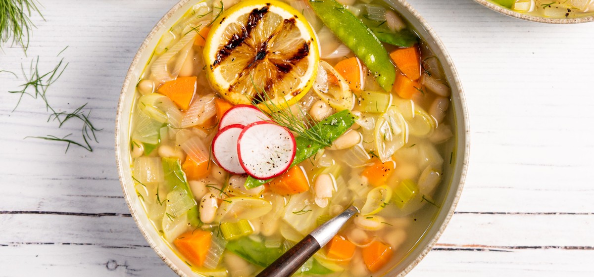 Spring Vegetable Soup with Lemon White Beans Recipe | SideChef