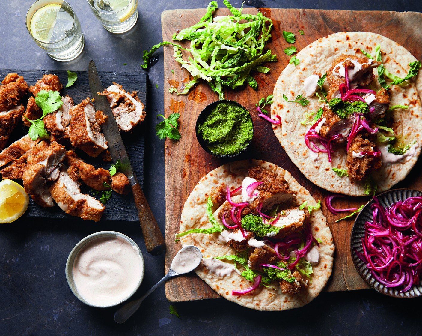 Keralan spiced chicken roti wraps with pickled onions, cabbage slaw and ...