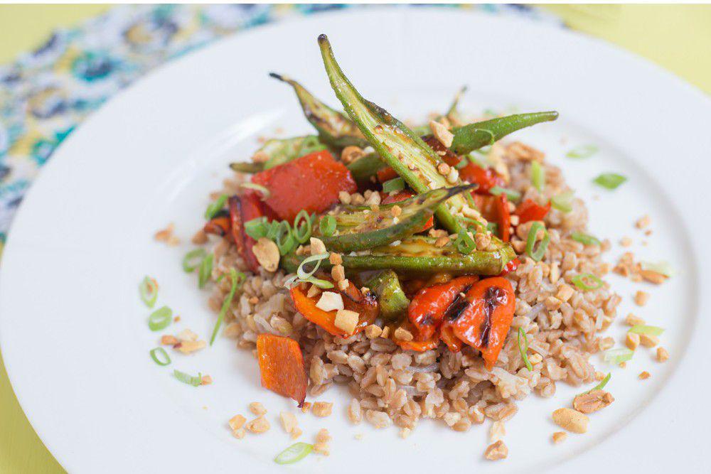 Roasted Okra & Peppers with Peanut Vinaigrette Over Farro Recipe | SideChef
