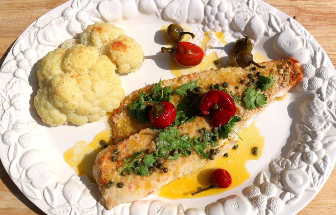 Baked Atlantic Cod Fillet, Cauliflower, Sweet Cherry Peppers and Capers ...