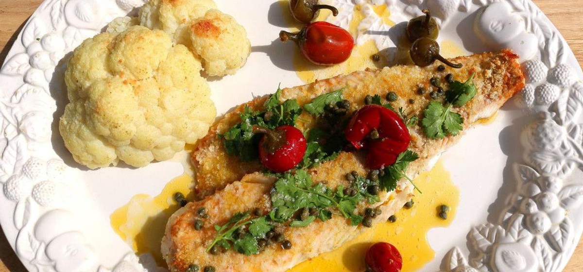Baked Atlantic Cod Fillet, Cauliflower, Sweet Cherry Peppers and Capers ...