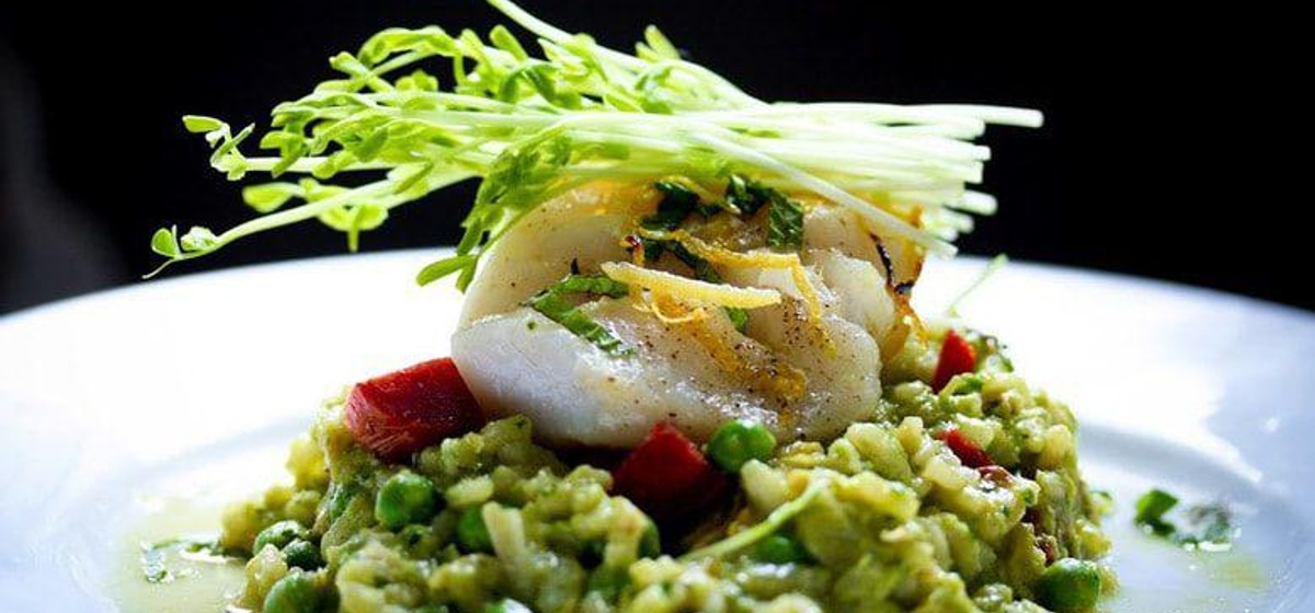 Spring Pea Risotto with Halibut & Spanish Chorizo Recipe | SideChef