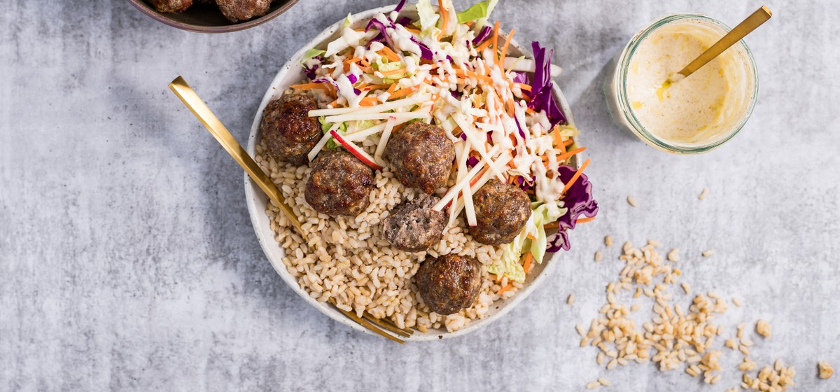 Pork Meatball Rice Bowl with Rainbow Yogurt Slaw Recipe | SideChef