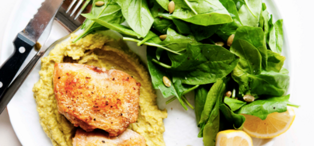 Chicken with Pea Puree and Spinach Recipe | SideChef