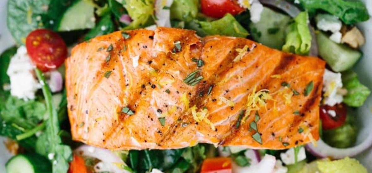 Salmon Greek Salad With Lemon Basil Dressing Recipe Sidechef