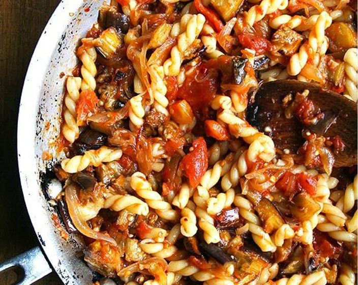 Chez Panisse Eggplant, Caramelized Onion and Tomato Pasta Recipe | SideChef