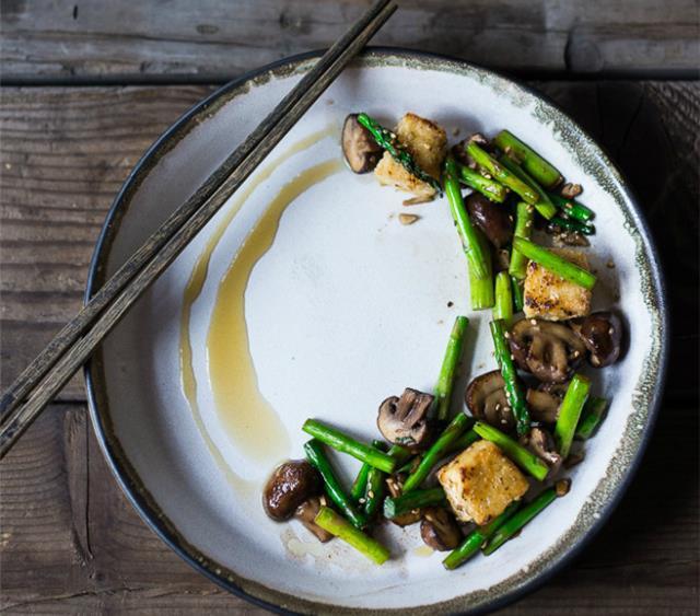 Wok Seared Asparagus and Mushrooms with Crispy Tofu Recipe | SideChef